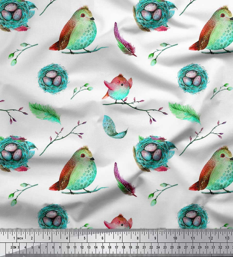 Soimoi Crepe Silk Fabric Nest,Feather & Artistic Bird Print Fabric by ...