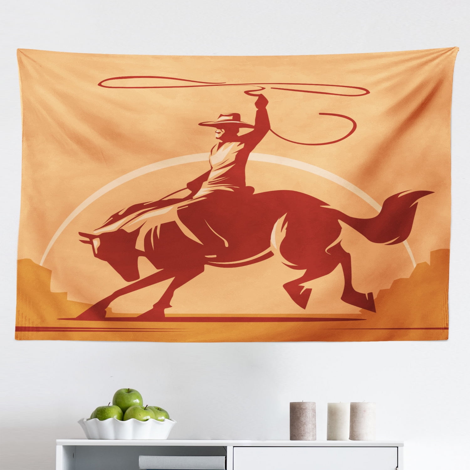 Rodeo Tapestry, Silhouette of a Rider Against Sunset Background Evening ...