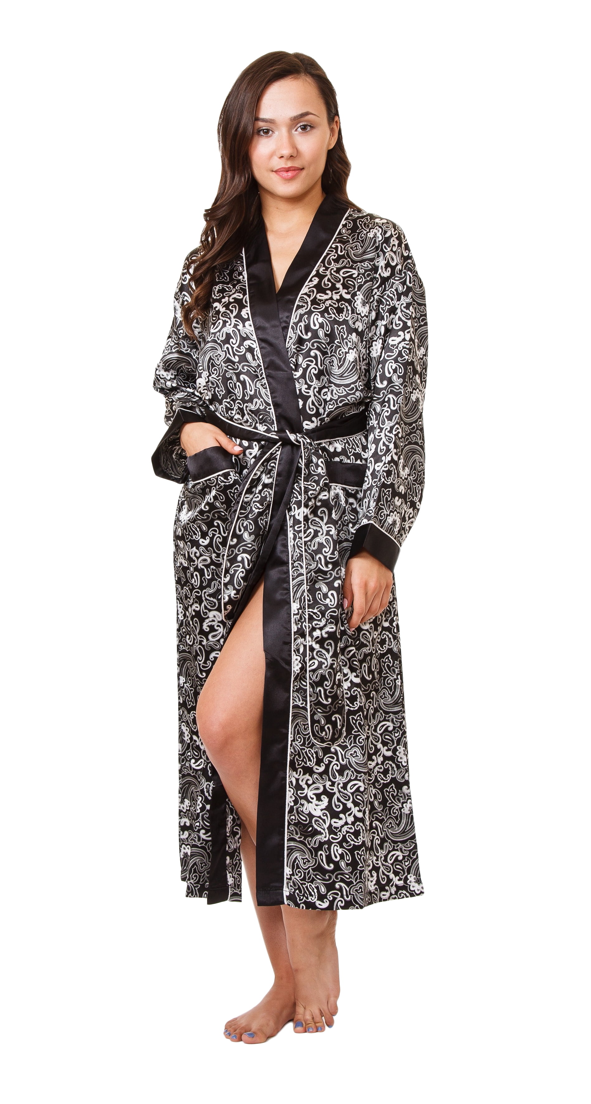 Up2date Fashion Women's Paisley Print Satin Robes in Black Paisley ...