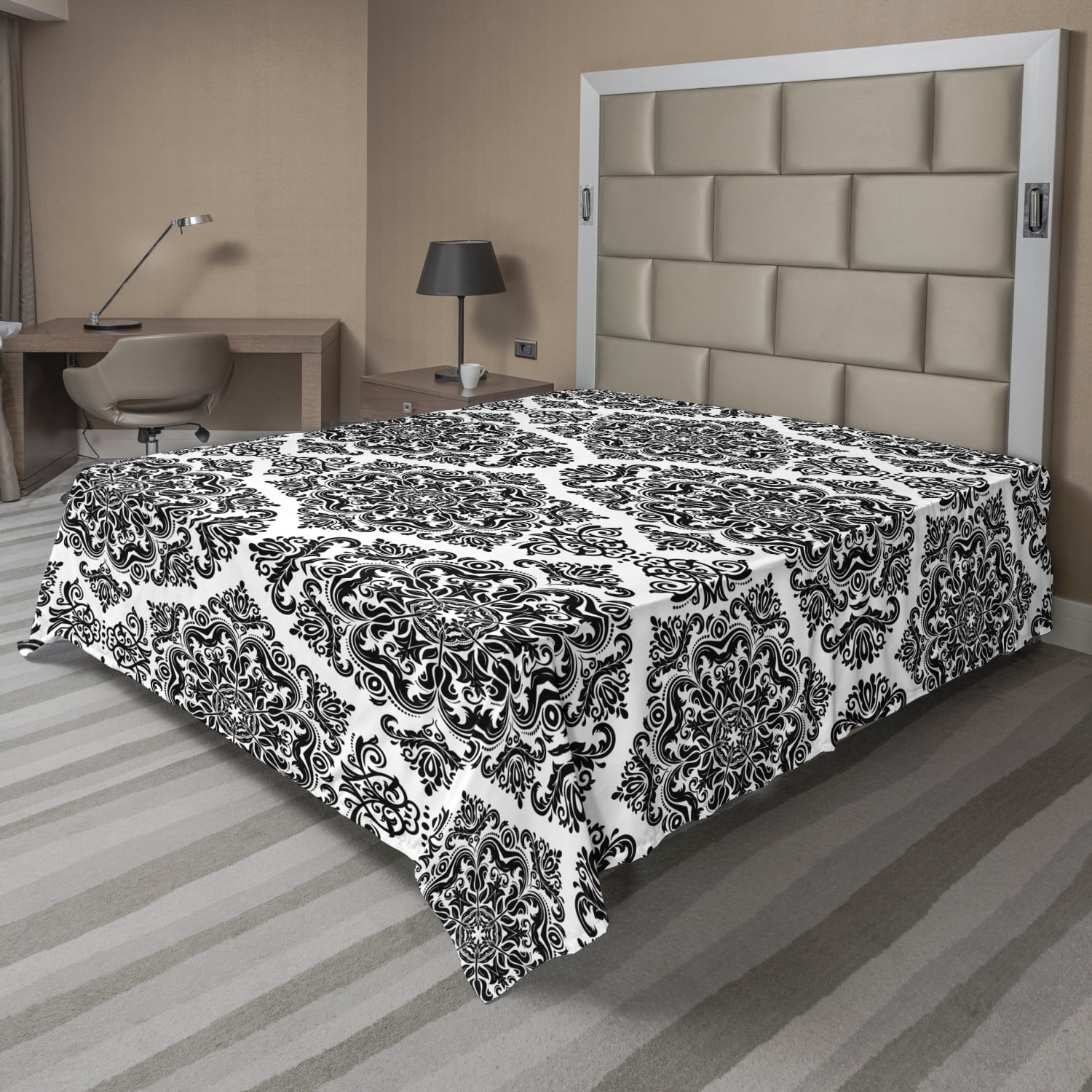 Abstract Flat Sheet, Arabesque Monochrome Damask Style Motif Pattern on ...