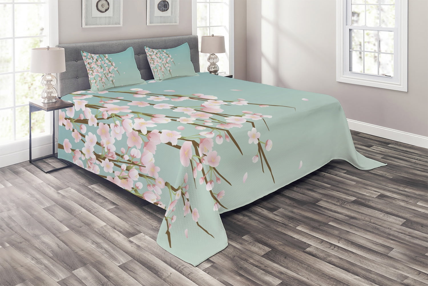 Weeping Flower Coverlet, Freshly Blooming Cherry Blossom Branches Buds ...