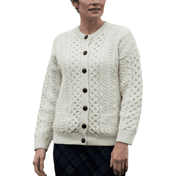 Irish Aran Merino Wool Cardigan Sweater for Women Button Up Cable ...