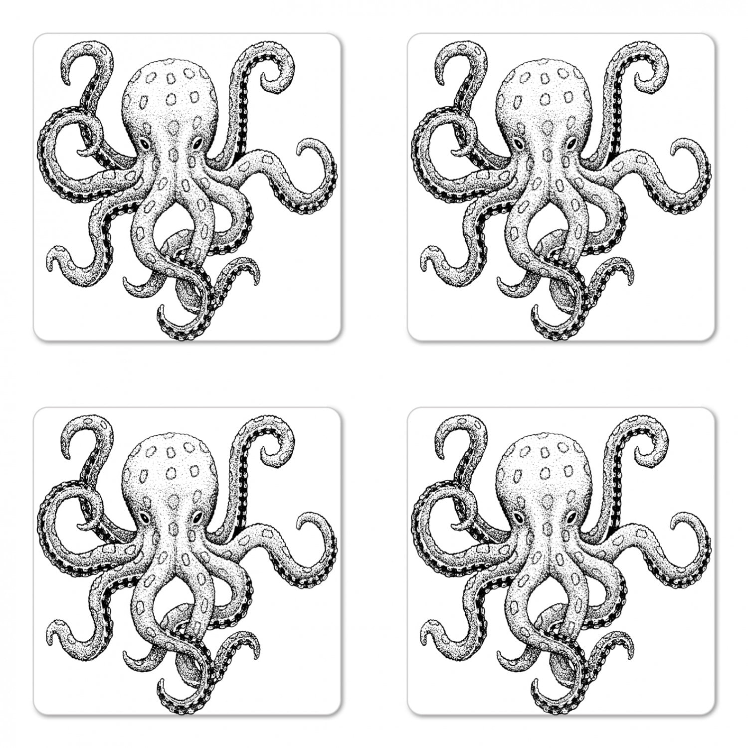 Octopus Coaster Set of 4, Classic Drawn Ink Illustration Wild Marine ...
