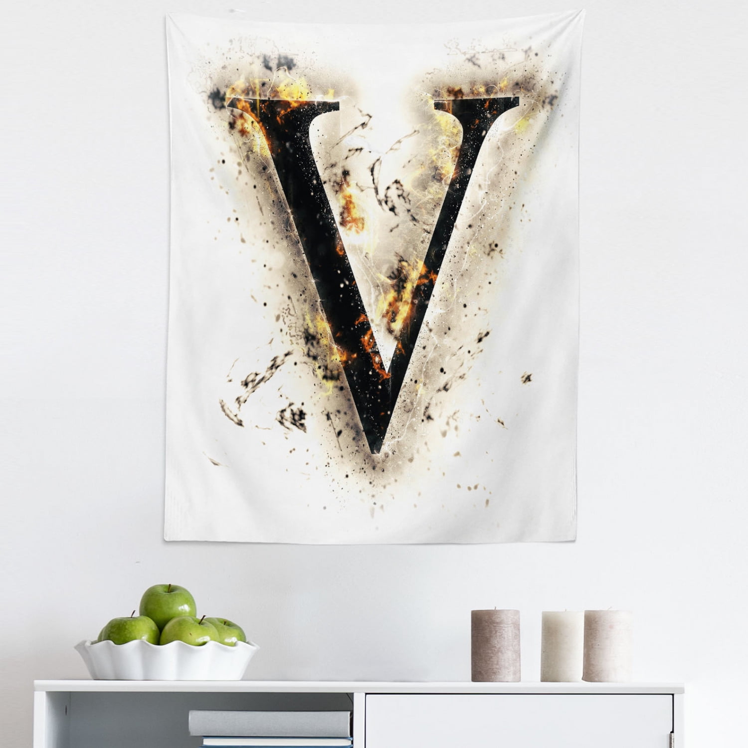Letter V Tapestry, V Shape Burning Cool Letter Design Hot Alphabet ...