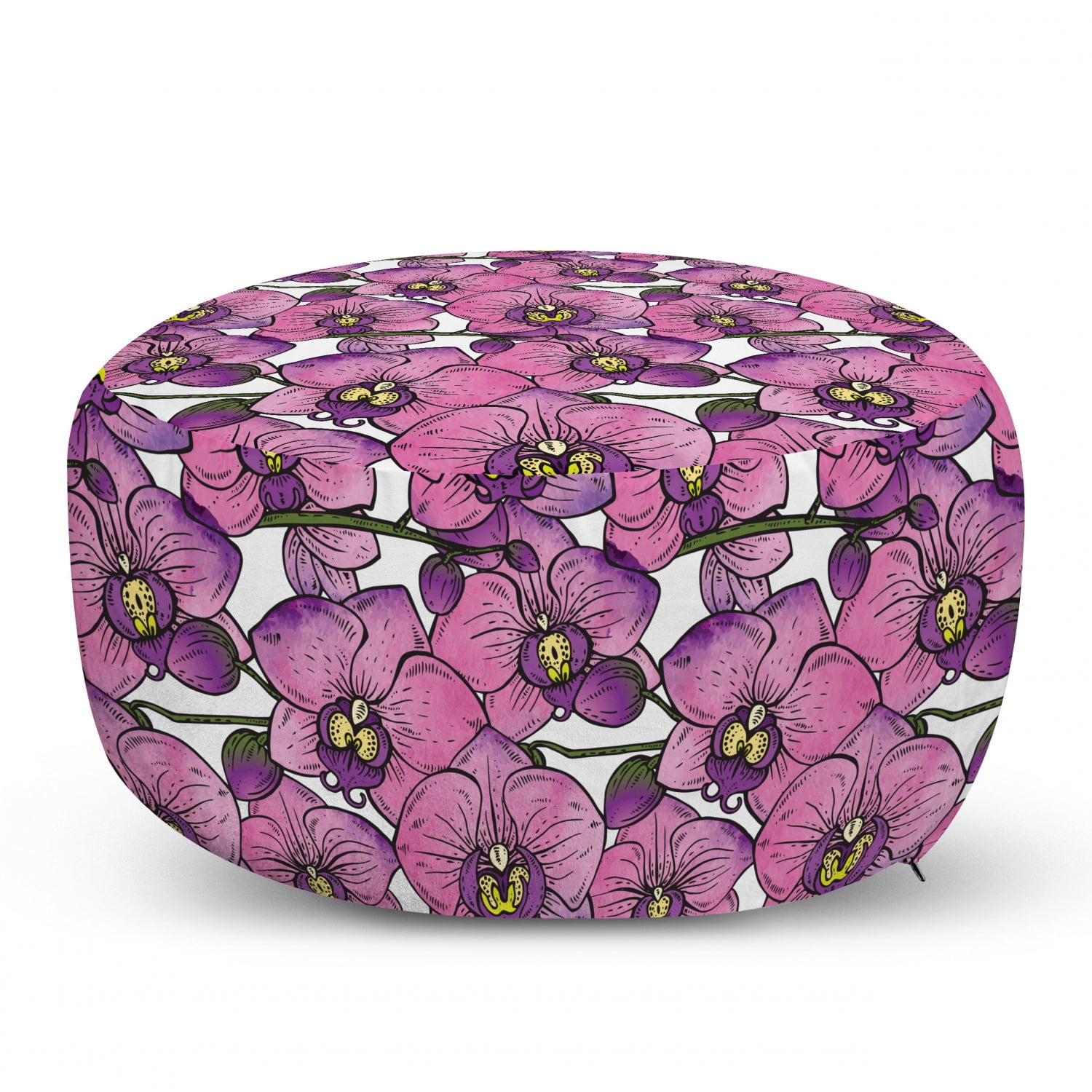 Watercolor Flowers Pouf Cover with Zipper, Exotic Orchid Branch Tropic ...