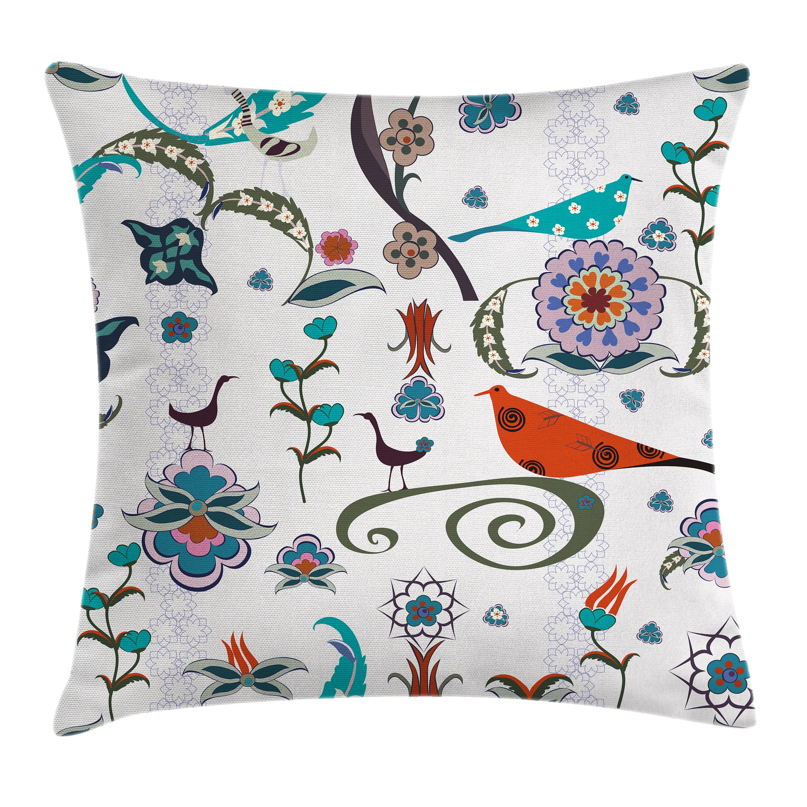Ethnic Throw Pillow Cushion Cover, Floral Flowers Swirls Ivy Buds Birds ...