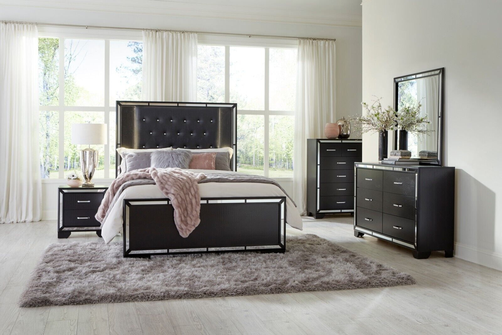 Black Bedroom Set 5pc Cal-King LED Bed Nightstand Dresser Mirror Chest ...