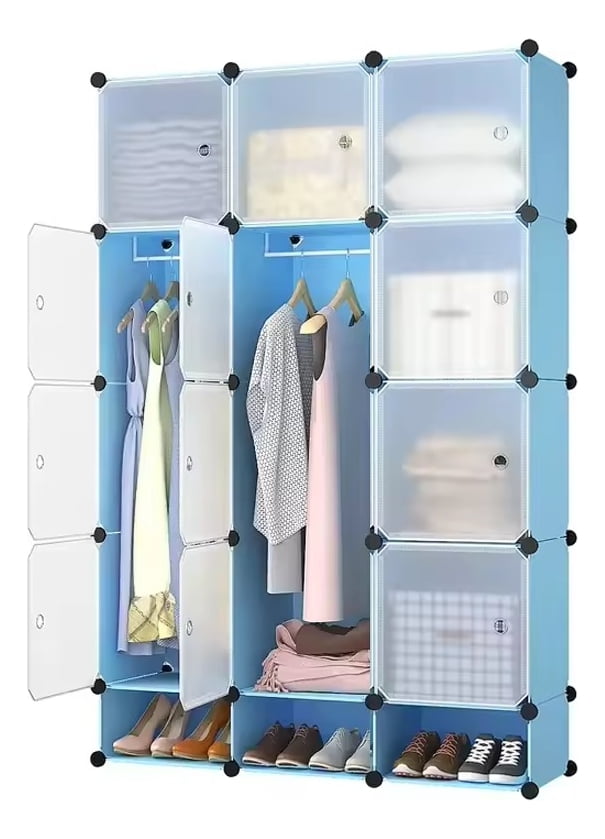 Closet Armable Armario Portátil Con Zapatera con 12 Cubos Color Azul ...
