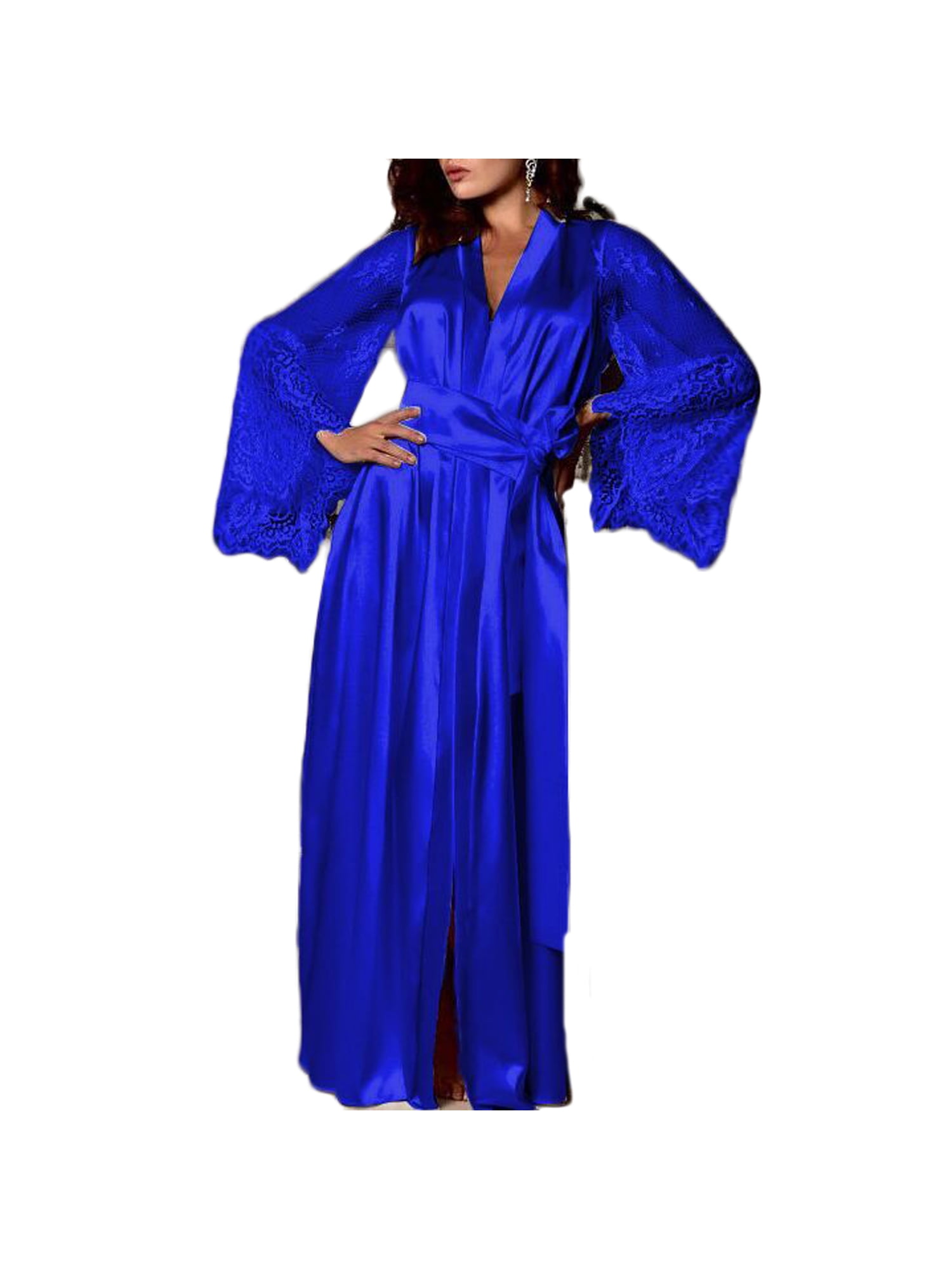 Women Lace Long Bride Kimono Robe Satin Silk Night Dressing Gown ...