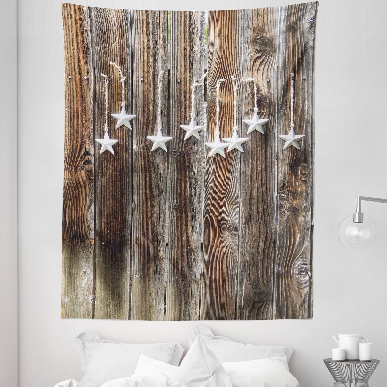 Prehistoric Country Tapestry, Grey Colored Ornate Stars on Wooden ...