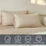 Tan Gingham Queen Sheet Set, Soft Brushed Microfiber Taupe Plaid ...