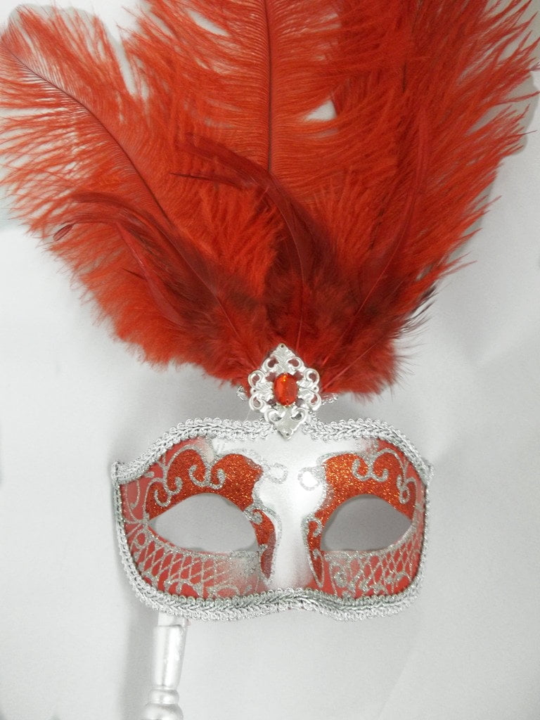 Red Silver Venetian Stick Mask Removeable Masquerade Prom Mask ...