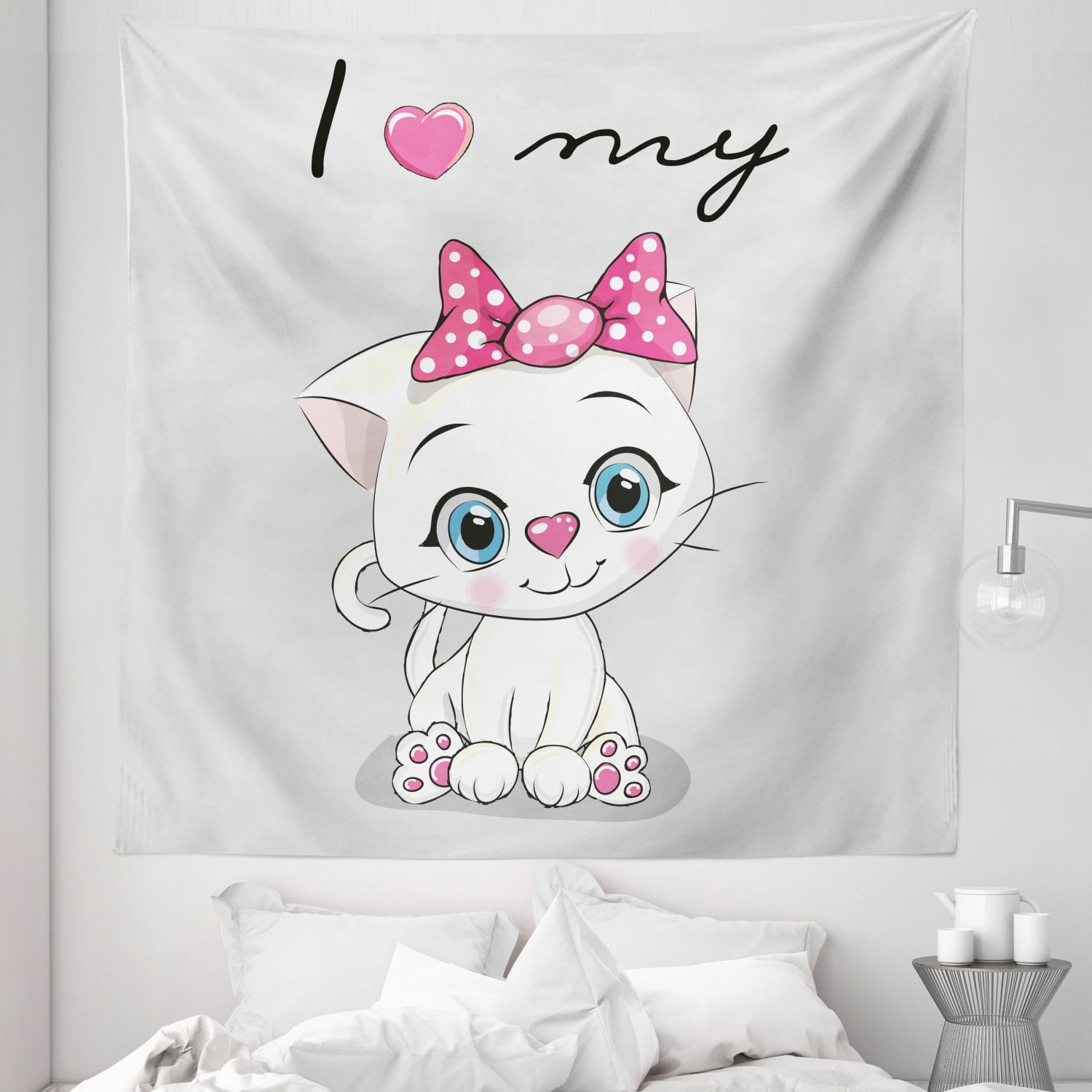 Kitten Tapestry, Cartoon Domestic White Cat Pink Cheeks Fluffy I Love ...
