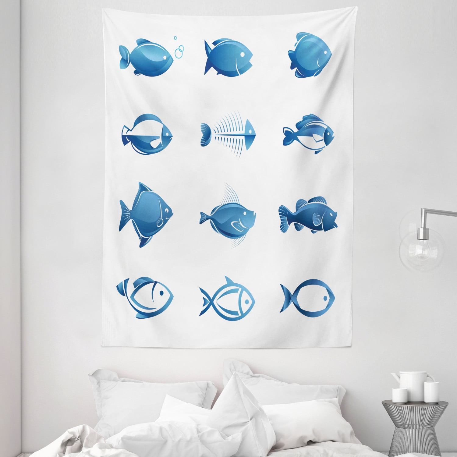 Fish Tapestry, Array of Fish Silhouettes Marine Life Sea Ocean Related ...