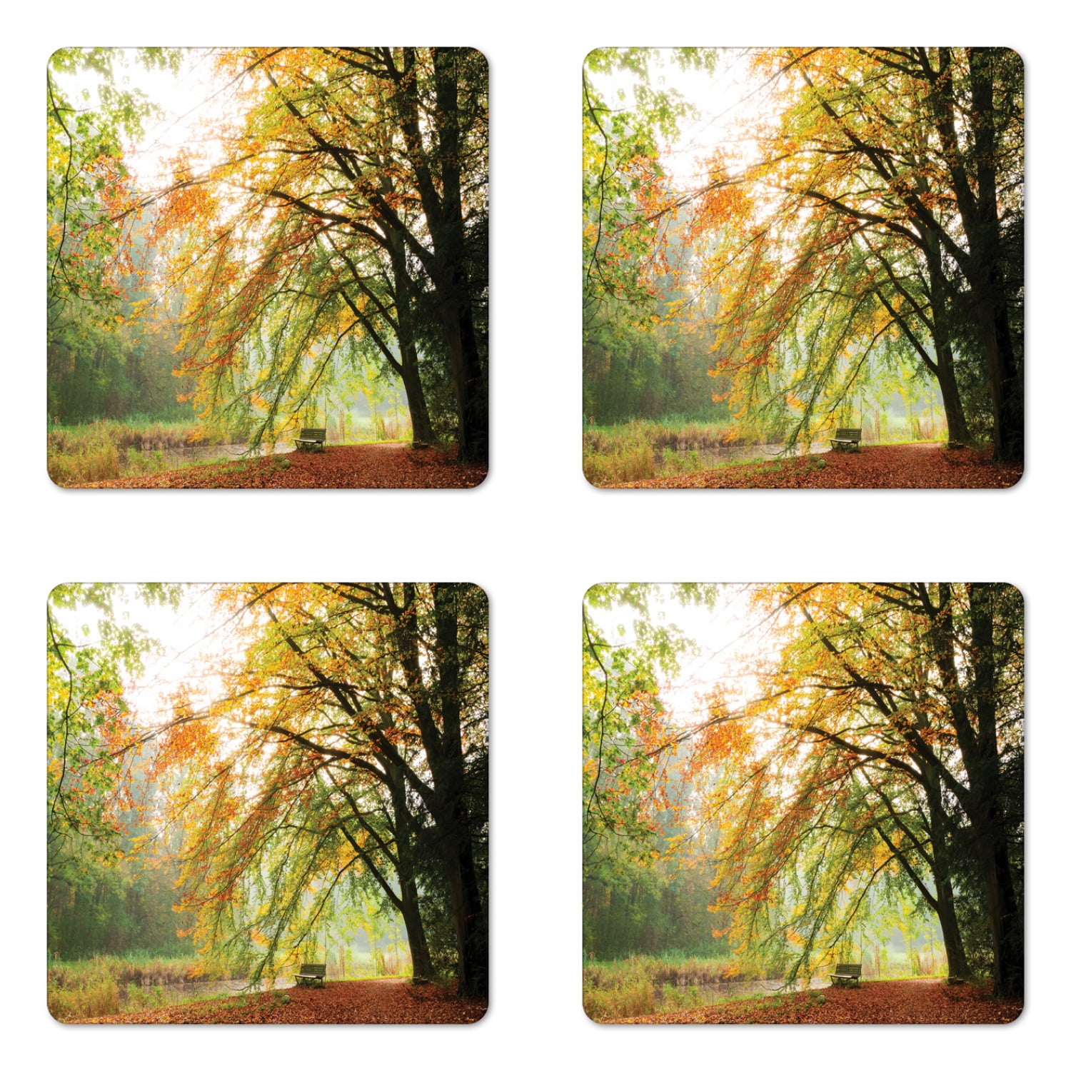 Forest Coaster Set of 4, Autumn View in a Forest with Faded Color ...