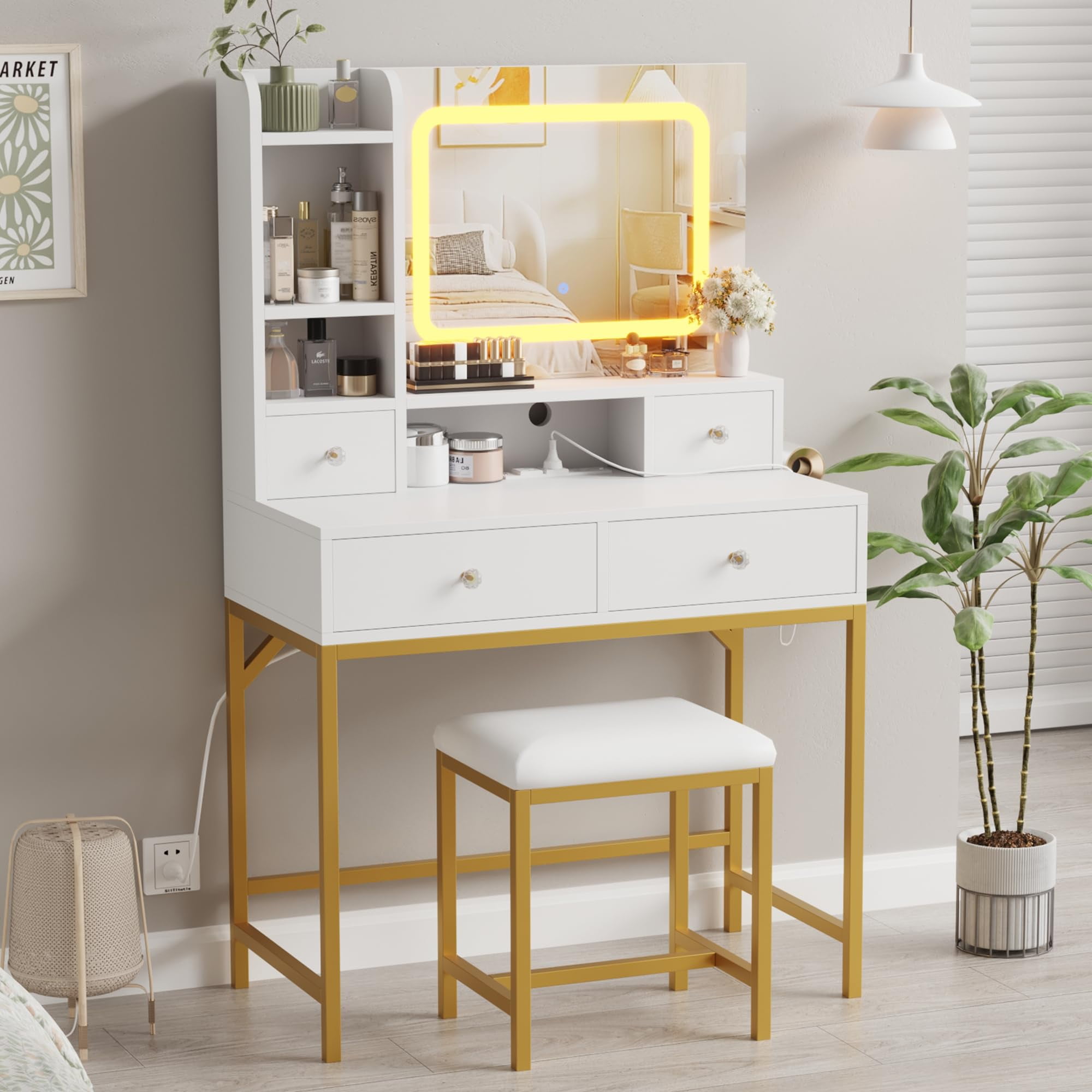 Click here for Beesclover Vanity Desk And Stool With Mirror And L... prices