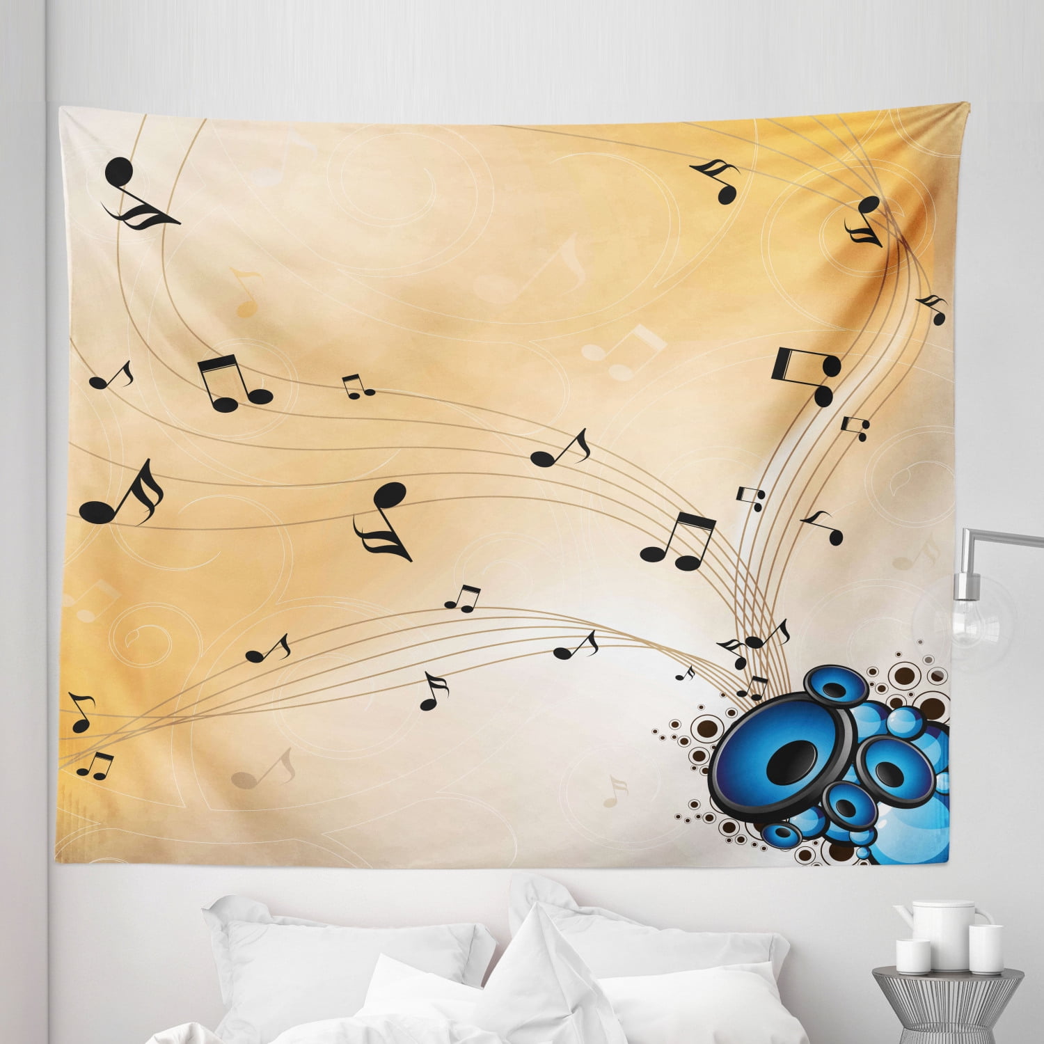 Music Tapestry, Abstract Art Melodies Flying Notes Speakers and Sound ...