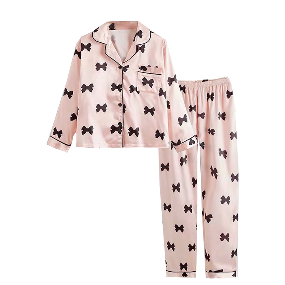 SYNPOS 5-12Y Child Girls Satin Bowknot Print Long Sleeve Sleepwear 2PCS ...