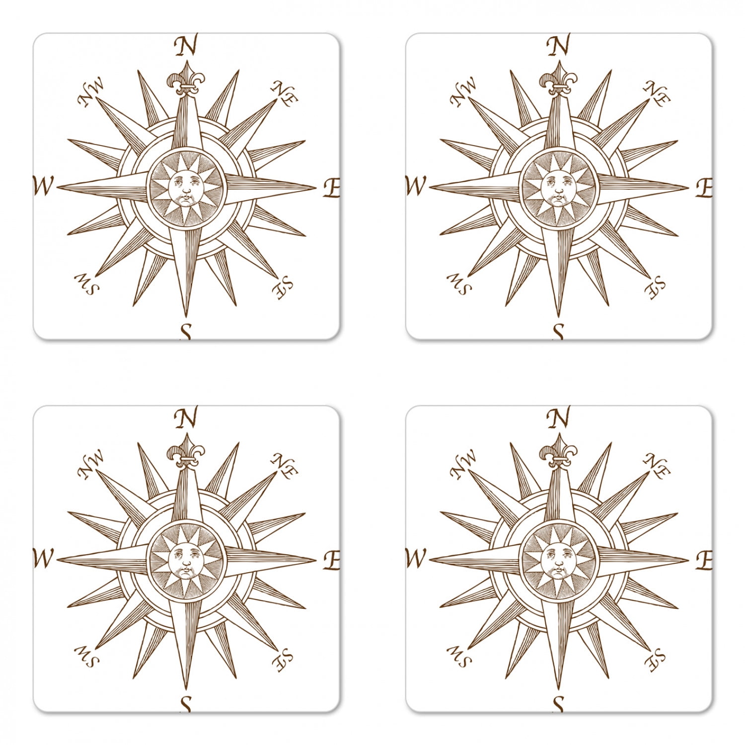 Compass Coaster Set of 4, Retro Mystic Style Wind Rose Along Sun North ...