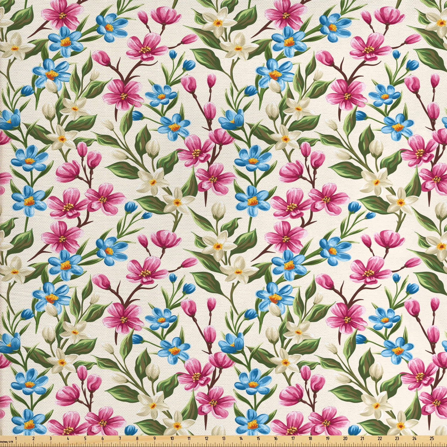 Flower Fabric by The Yard, Blooming Spring Flowers on Branches Romantic ...