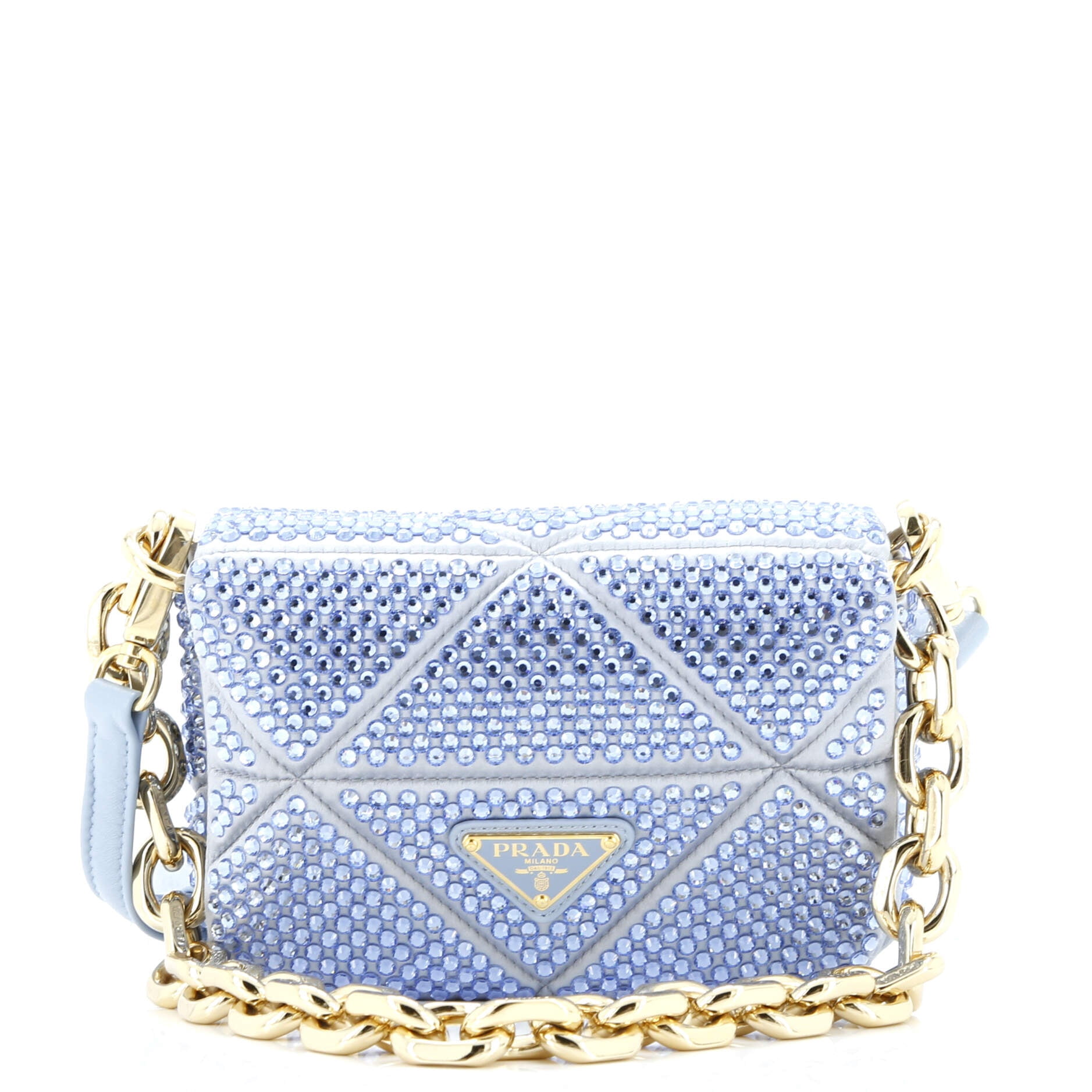 Pre-Owned Triangle Chain Flap Bag Crystal Embellished Quilted Satin By ...