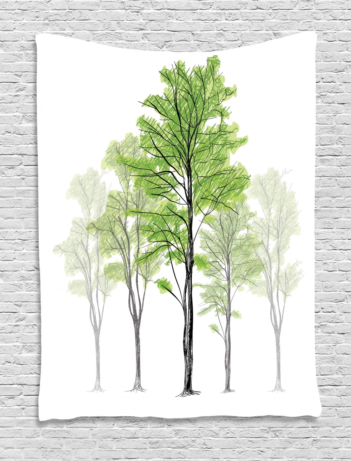 Forest Tapestry, Sketch Style Tree with Green Leaves Abstract Dreamy ...