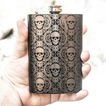 Hip Flask Plus Stainless Steel 8oz Black Flask - Sugar Skull Pattern ...