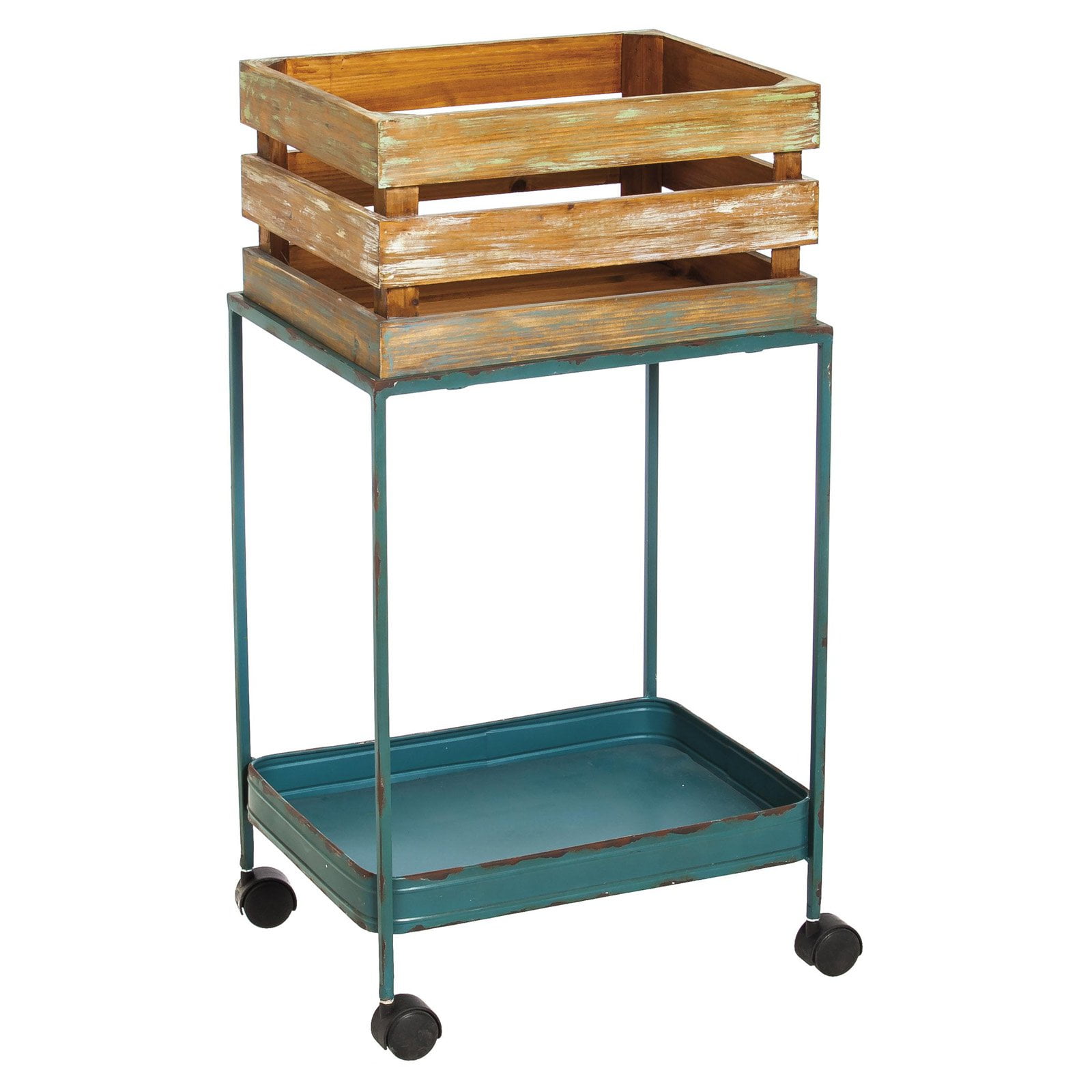 evergreen enterprises distressed wooden crate on blue metal cart on ...