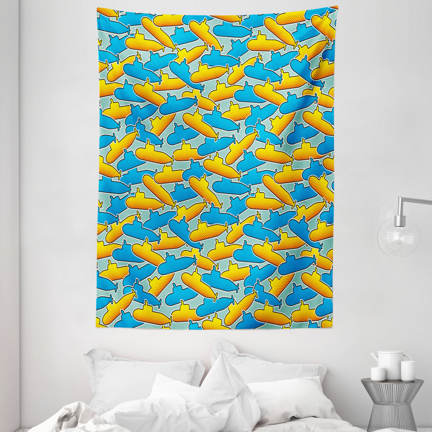 Yellow Submarine Decor Tapestry, Pop Art Style Underwater Submarine ...