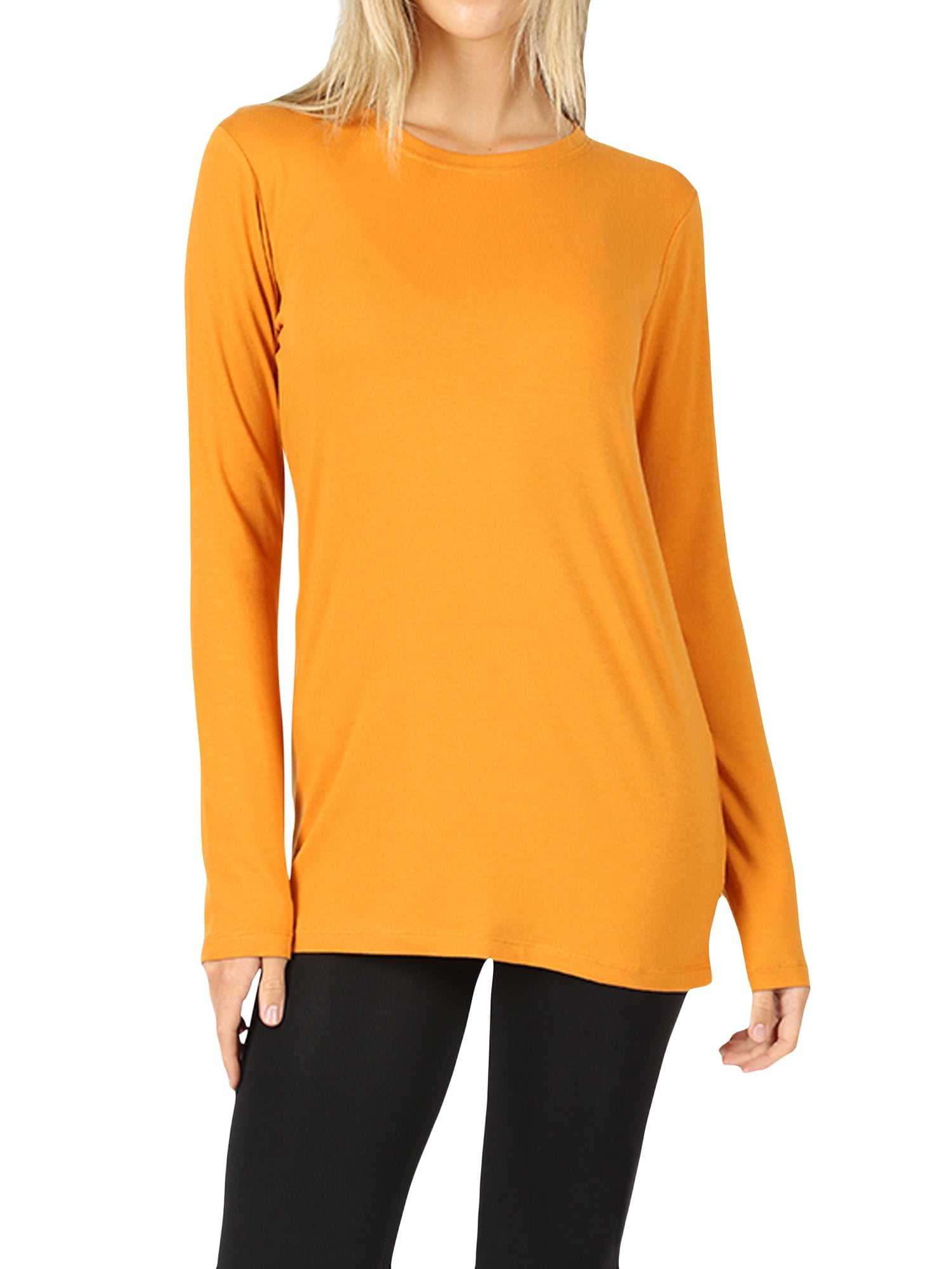 Women Basic Round Crew Neck Long Sleeve Stretch Cotton Spandex T-Shirts ...