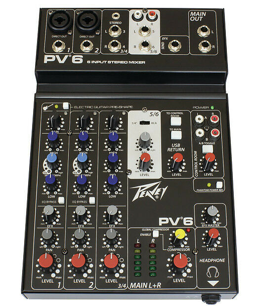 Peavey PV 6 v2 Mixer with USB 6channel Compact Mixer with 2 Mic ...
