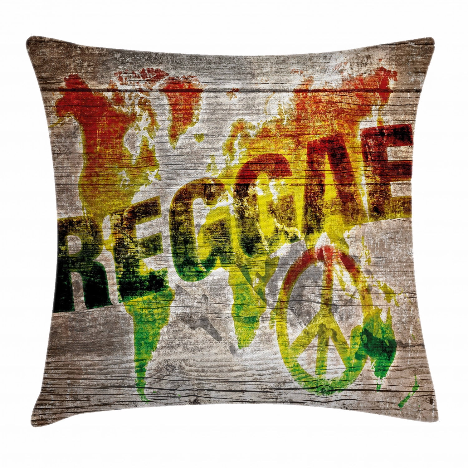 Rasta Throw Pillow Cushion Cover, World Map on Plaques with Reggae ...
