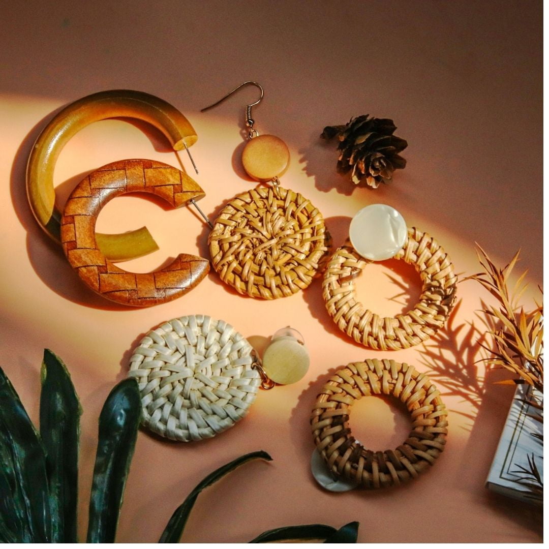 Her Lab | Rattan Straw Earring Handmade Boho Round Circle Ball Wicker Braid Woven Disc Drop ...