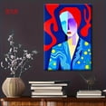 2D Flat red hair fluttering figure blue purple geometric face blue coat ...