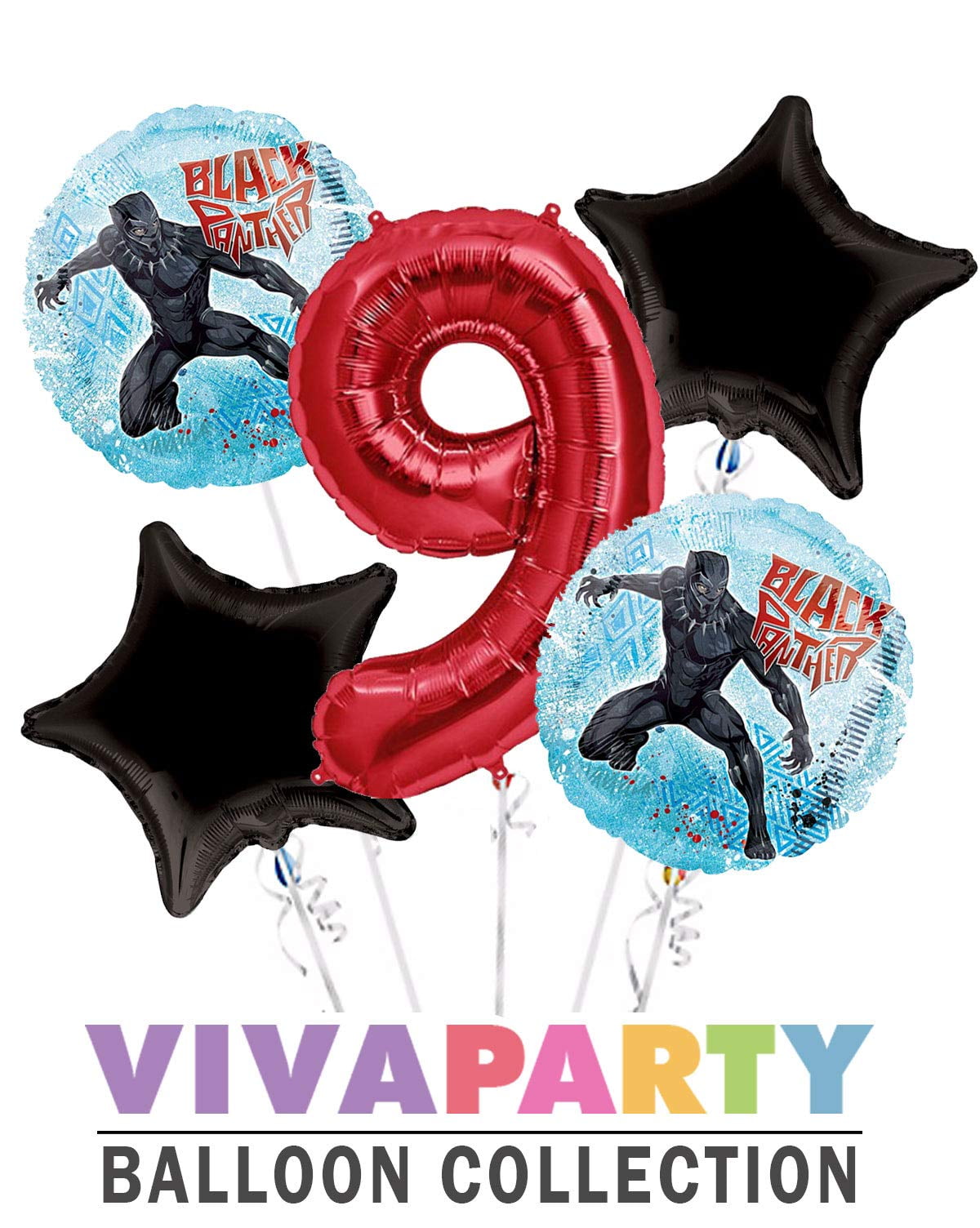 Black Panther Round Balloon Bouquet 5 pc, 9th Birthday, Red Number 9 ...