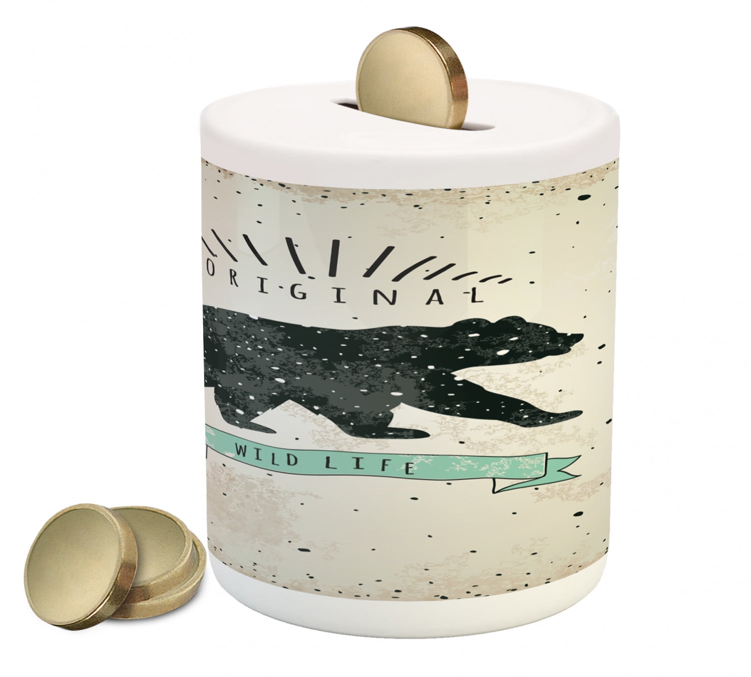 Bear Piggy Bank, Vintage Wildlife Theme Random Dots Predator Paws ...