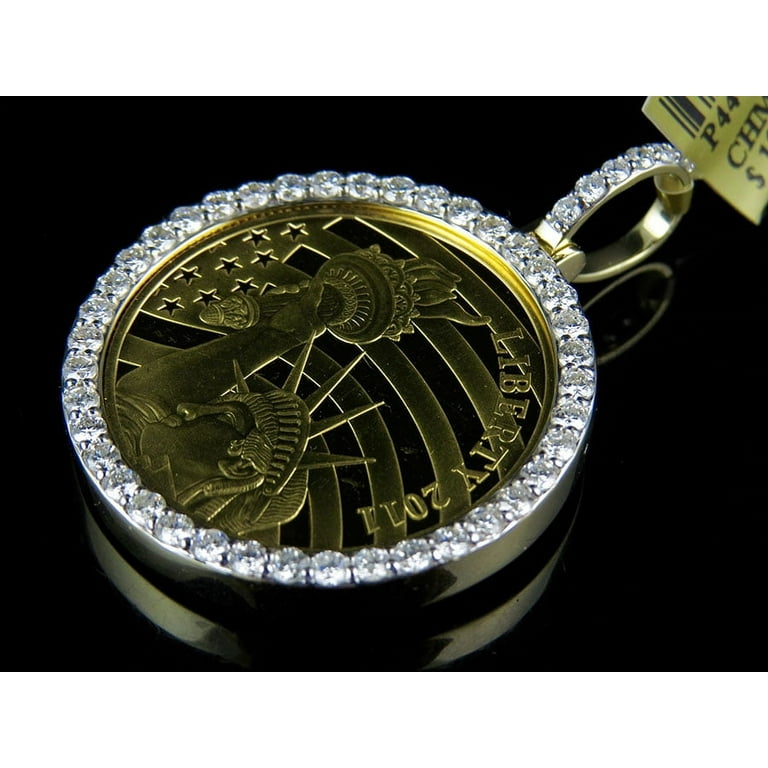 24K Solid Yellow Gold Coin Lady Liberty Half Ounce Diamond Pendant Charm 2.2 ct
