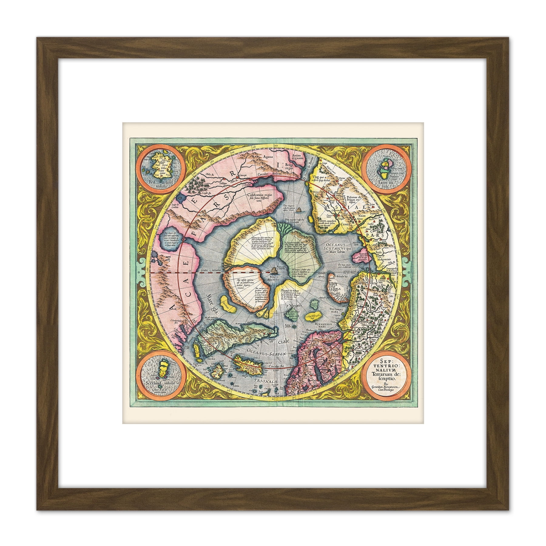Map 1606 Mercator Hondius Polar Arctic 8X8 Inch Square Wooden Framed ...