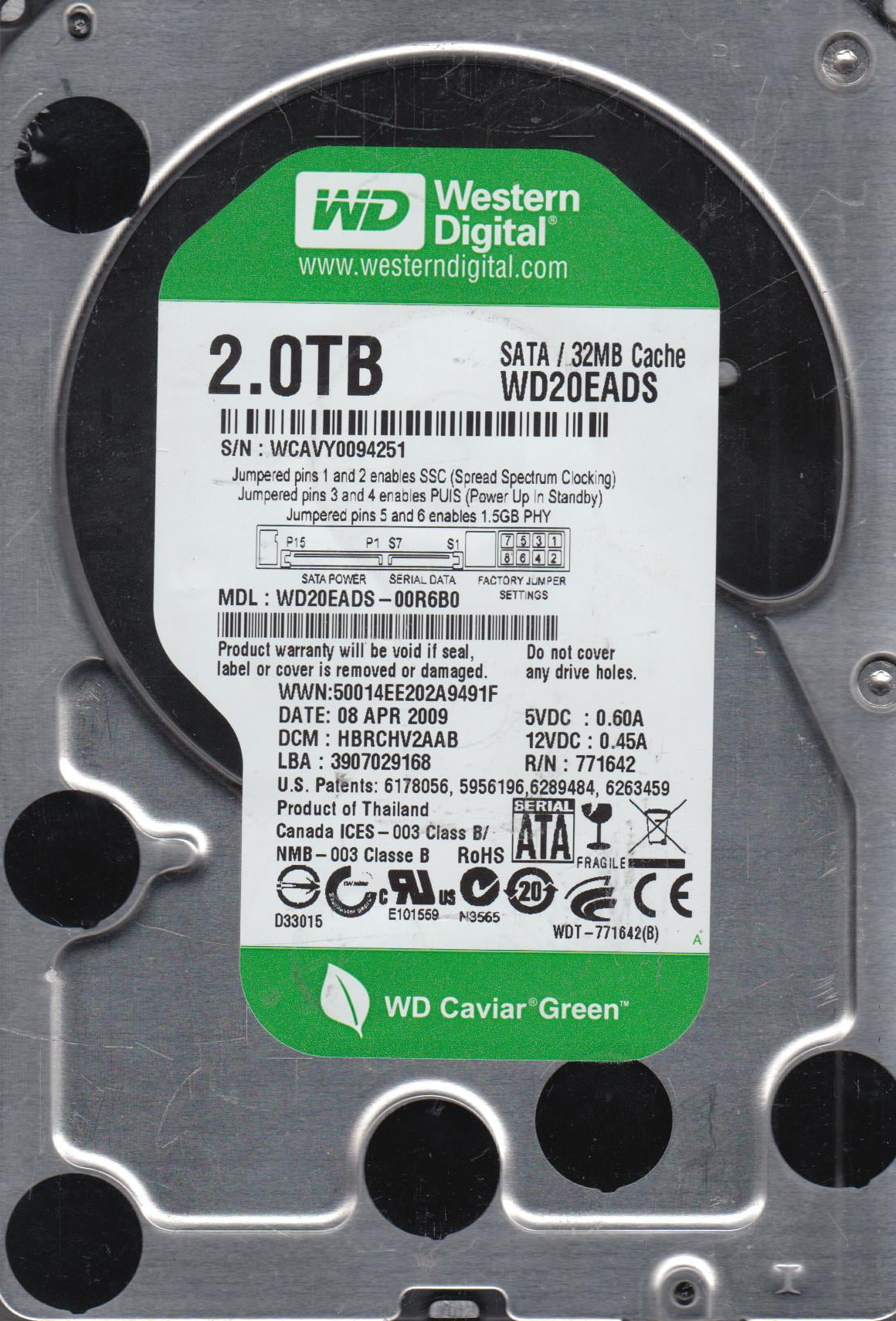WD20EADS-00R6B0, DCM HBRCHV2AAB, Western Digital 2TB SATA 3.5 Hard ...