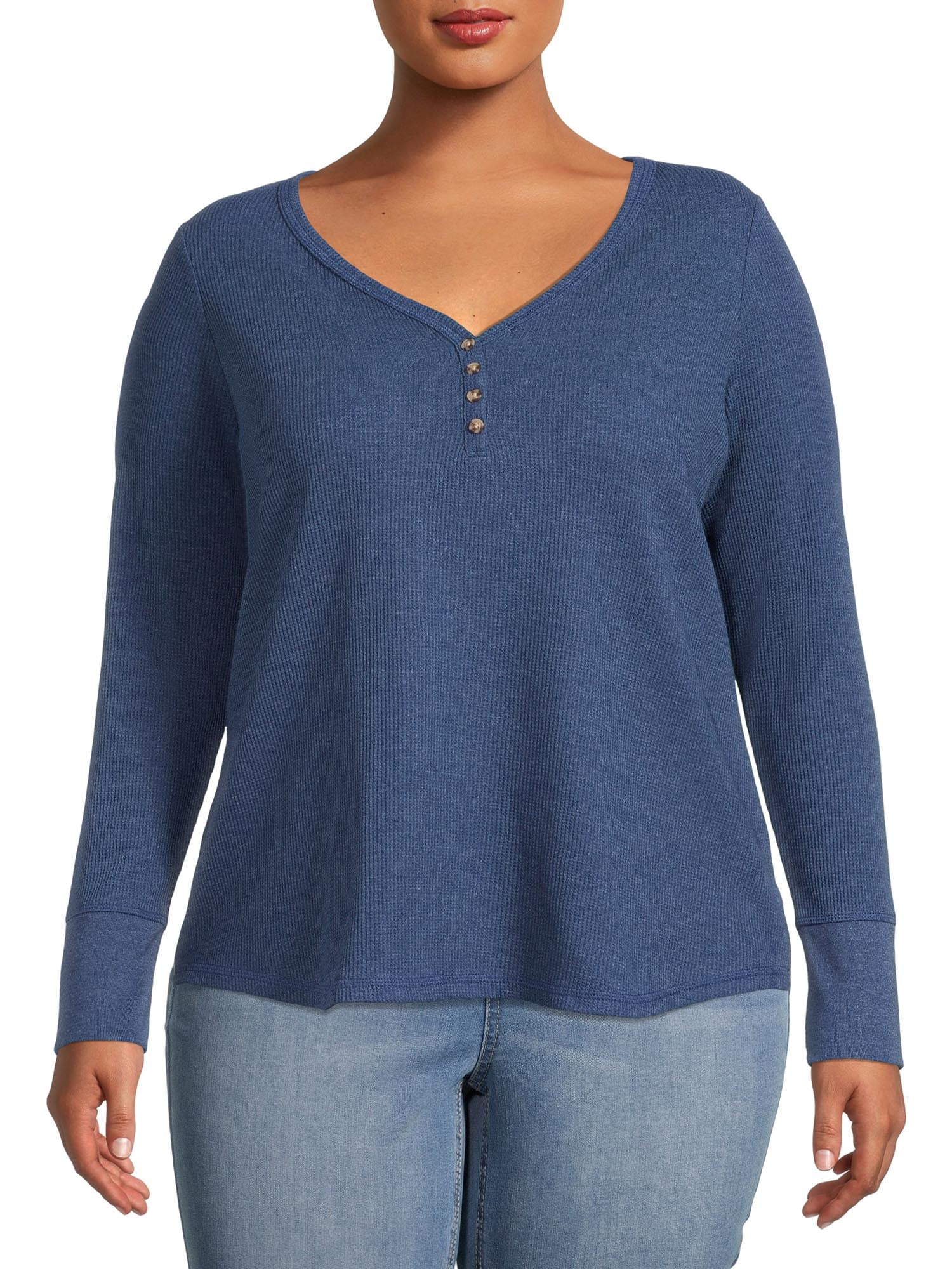 Terra & Sky Women's Plus Size Long Sleeve Waffle Henley Top - Walmart.com