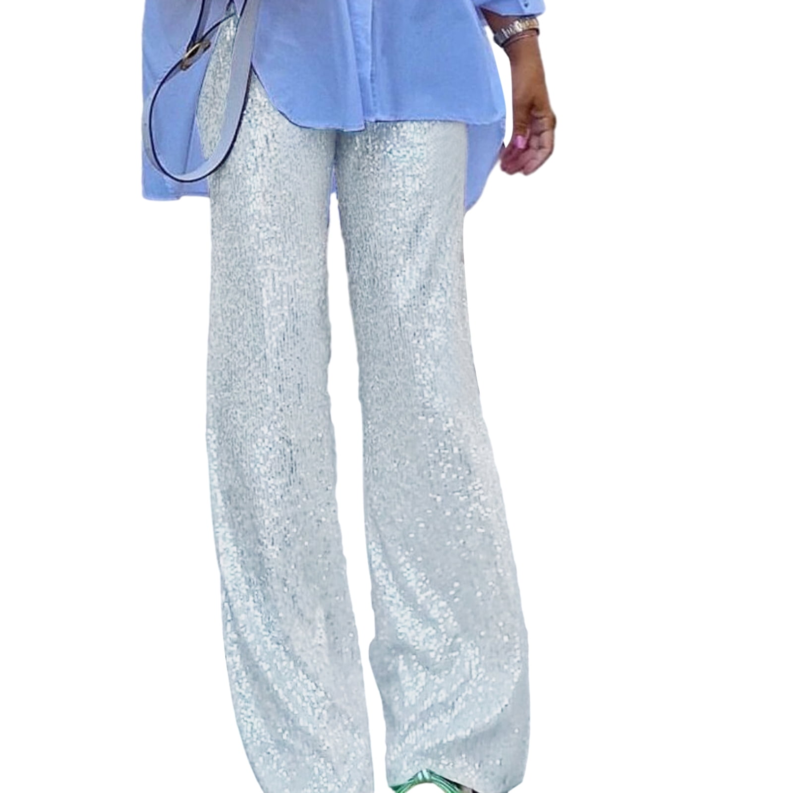 Women Sparkle Sequins Straight Wide Leg Pants Elastic High Waist Casual ...