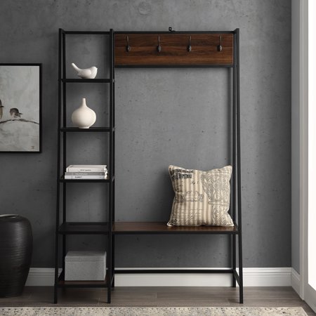 Woven Paths Modern Hall Tree with Bench and 5 Shelves, Dark Walnut ...