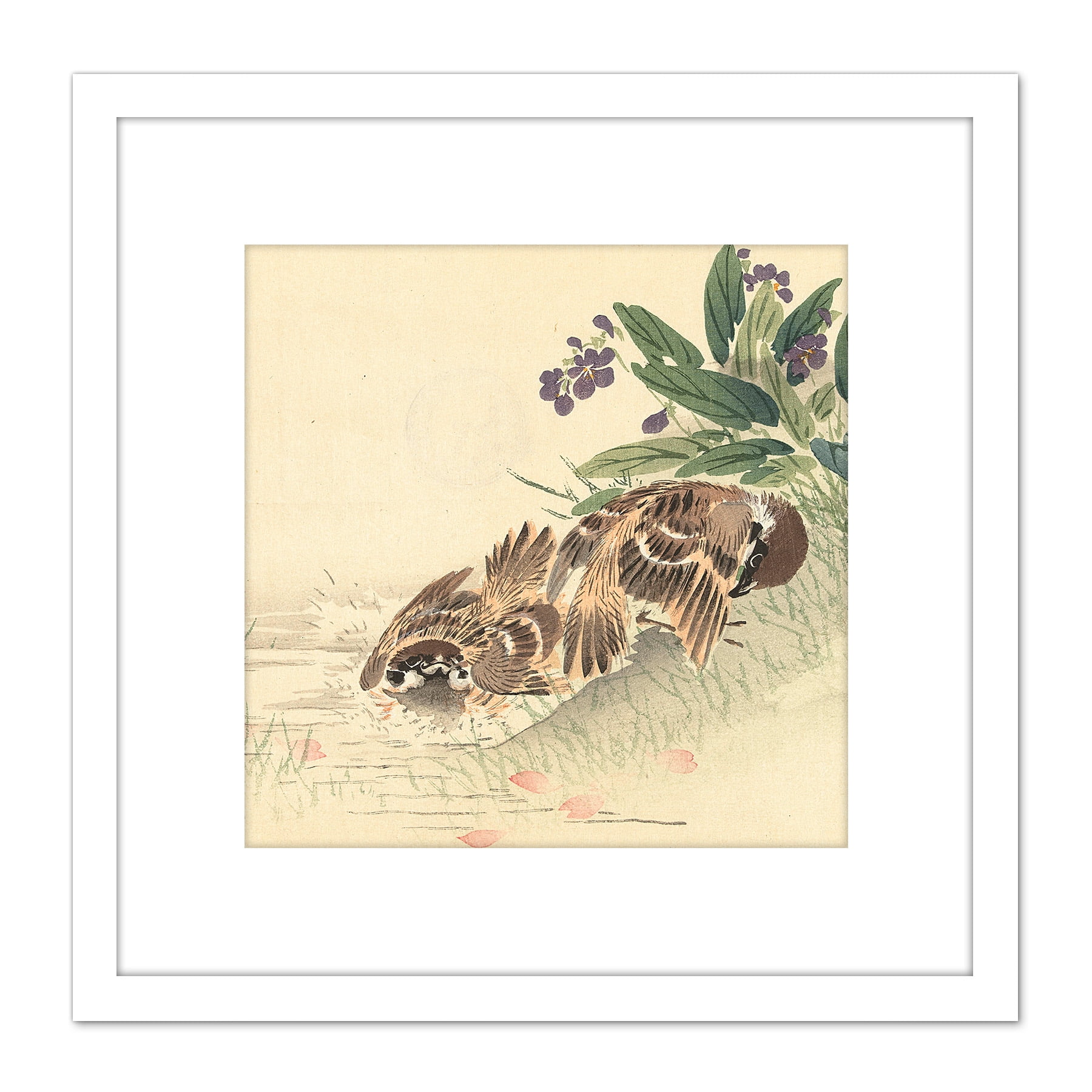 Kono Bairei Bathing Tree Sparrow Japanese Woodblock 8X8 Inch Square ...