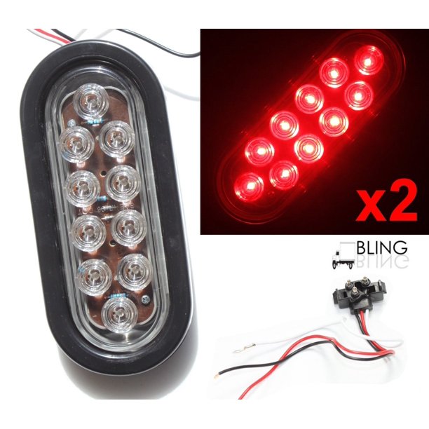 A set of 2 RED 6" LED OVAL OBLONG STOP TURN SIGNAL LIGHT KIT CLEAR LENS ...