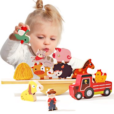 Montessori Wooden Farm Toy, Shape Sorting & Stacking for Toddlers 1-3 ...