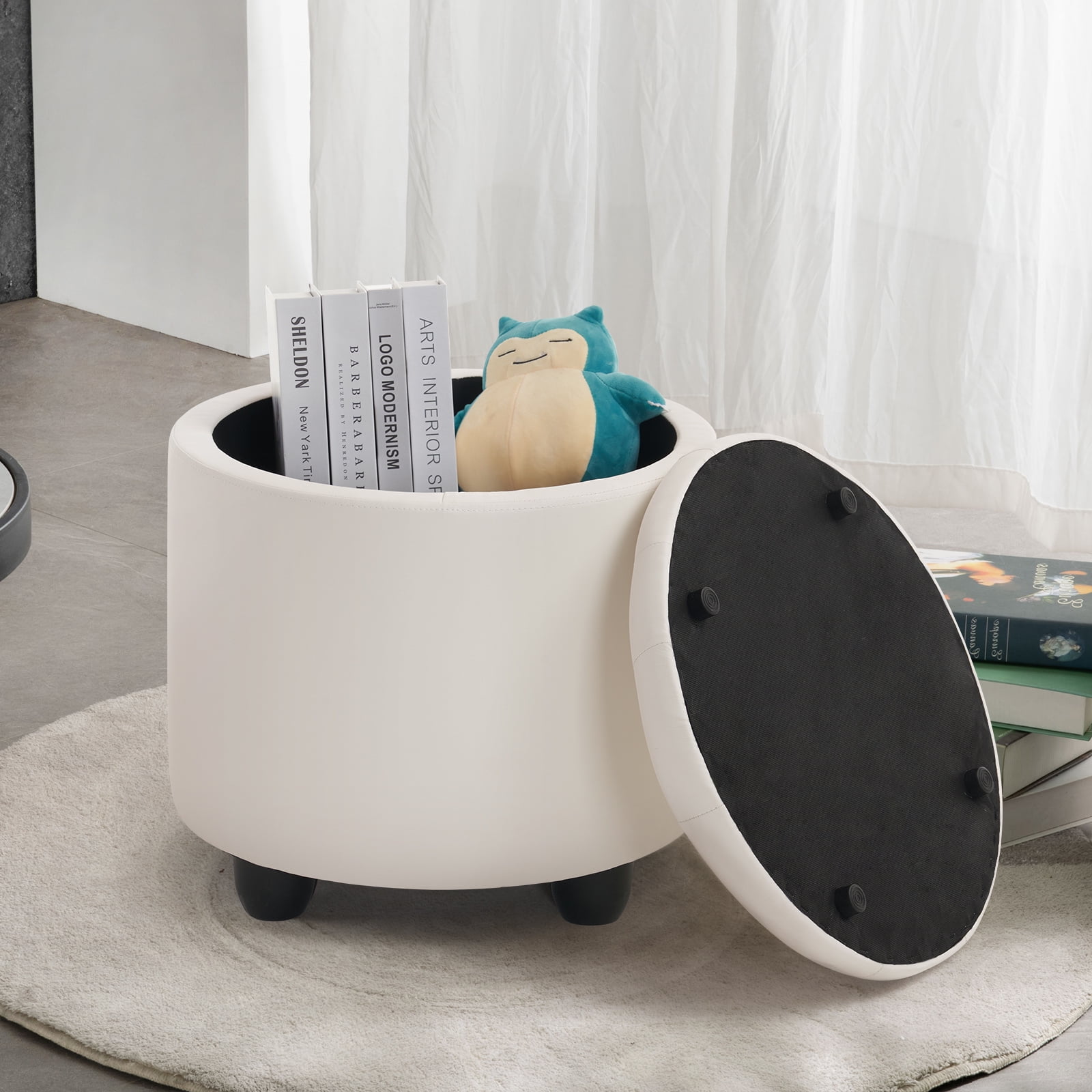 PU leather Round Storage Ottoman Upholstered Tufted Footstool,Ivory ...