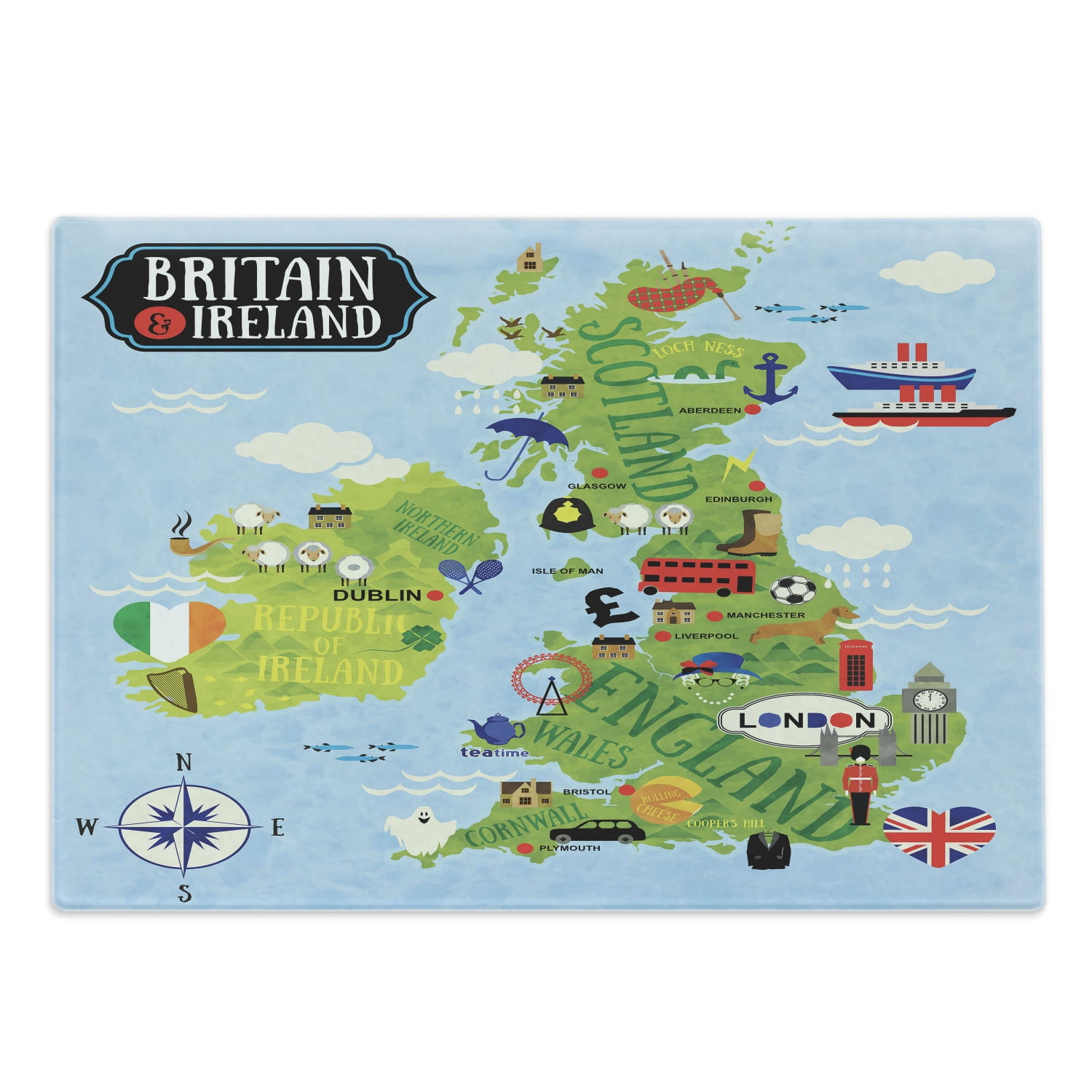 Wanderlust Cutting Board, Cartoon Maps of Britain and Ireland Landmarks ...