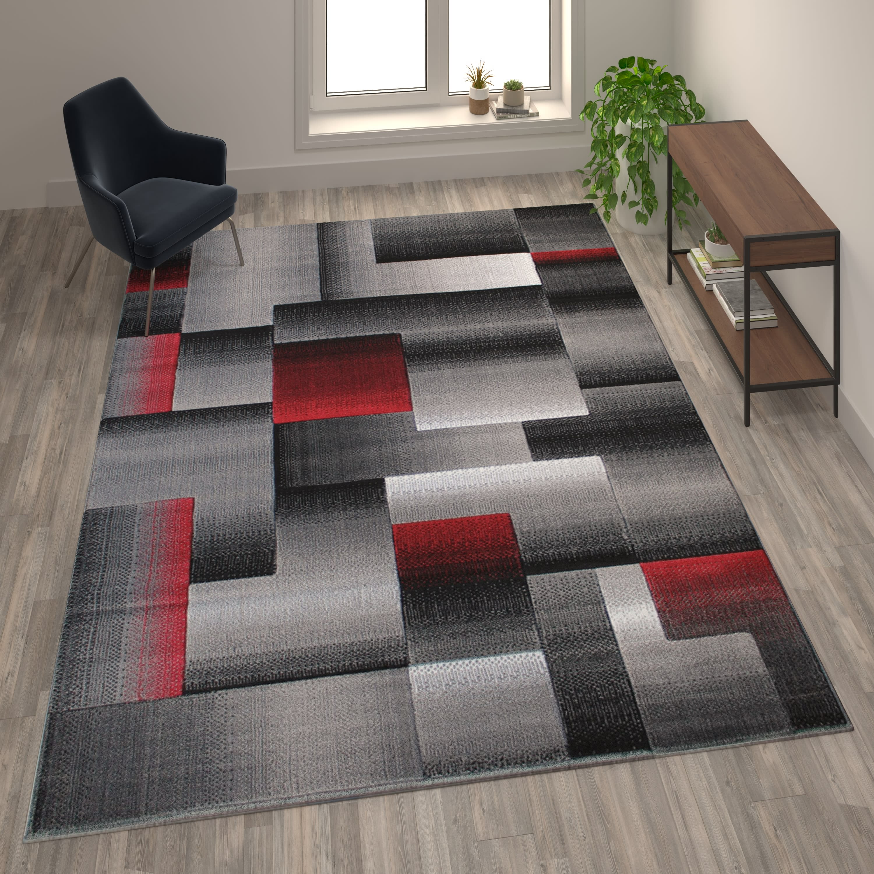Flash Furniture Elio Rectangular Contemporary Black, Grey, Red Area Rug ...