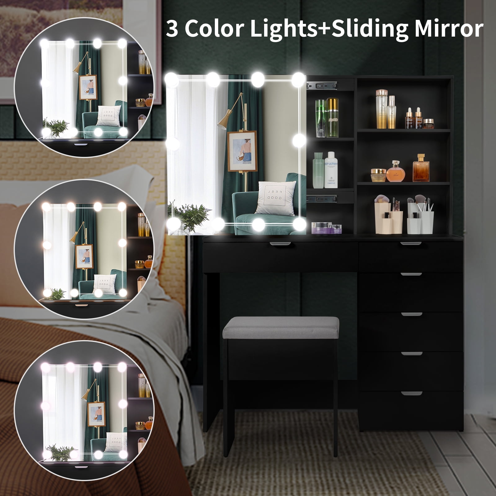 Ktaxon Vanity Set with 3 Color Lighted Mirror, Makeup Table with 6 ...