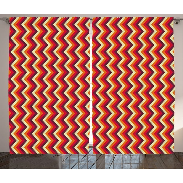 Retro Curtains 2 Panels Set Vintage Zig Zag Chevron Motif In Funky